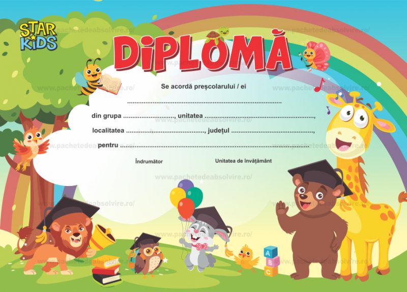 Diplomă absolvire grădiniţă animale curcubeu - Pachete de absolvire